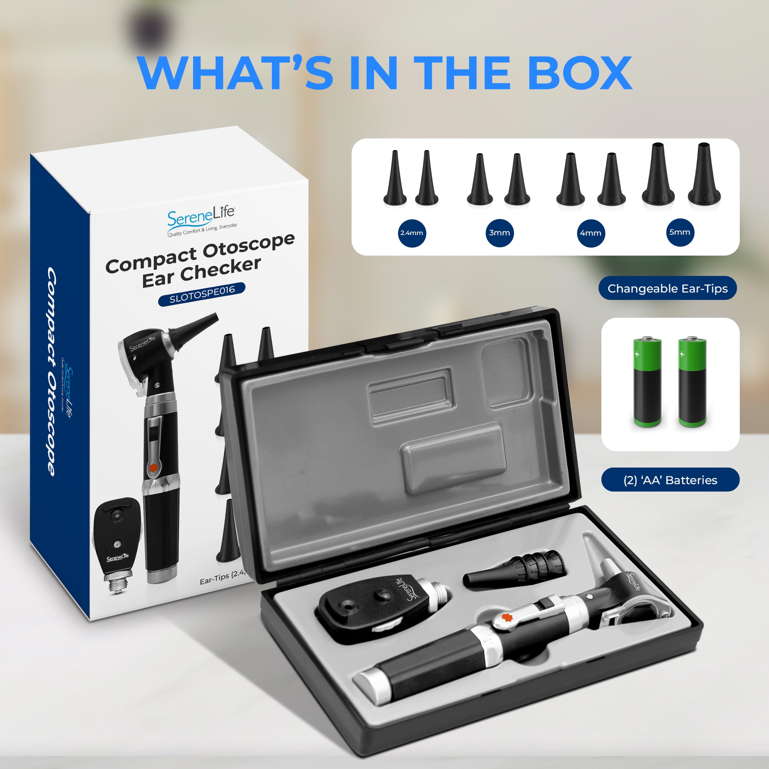 SereneLife 2-in-1 Ophthalmoscope & Otoscope Set | Perfect for Inspecting Ears, Mouth & Nose | Multi-Aperture Diaphragm Wheel & Battery Powered | Includes 4 Reusable Washable Tips | for Family & Pets
