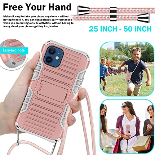E-Tree Compatible with iPhone 12 Mini Case Cross Body Strap and Stand,2 in 1 Shockproof Hybrid Hard PC & Soft Rubber, Crossbody Lanyard Perfect for Go Outside and Kid Elderly(Pink)