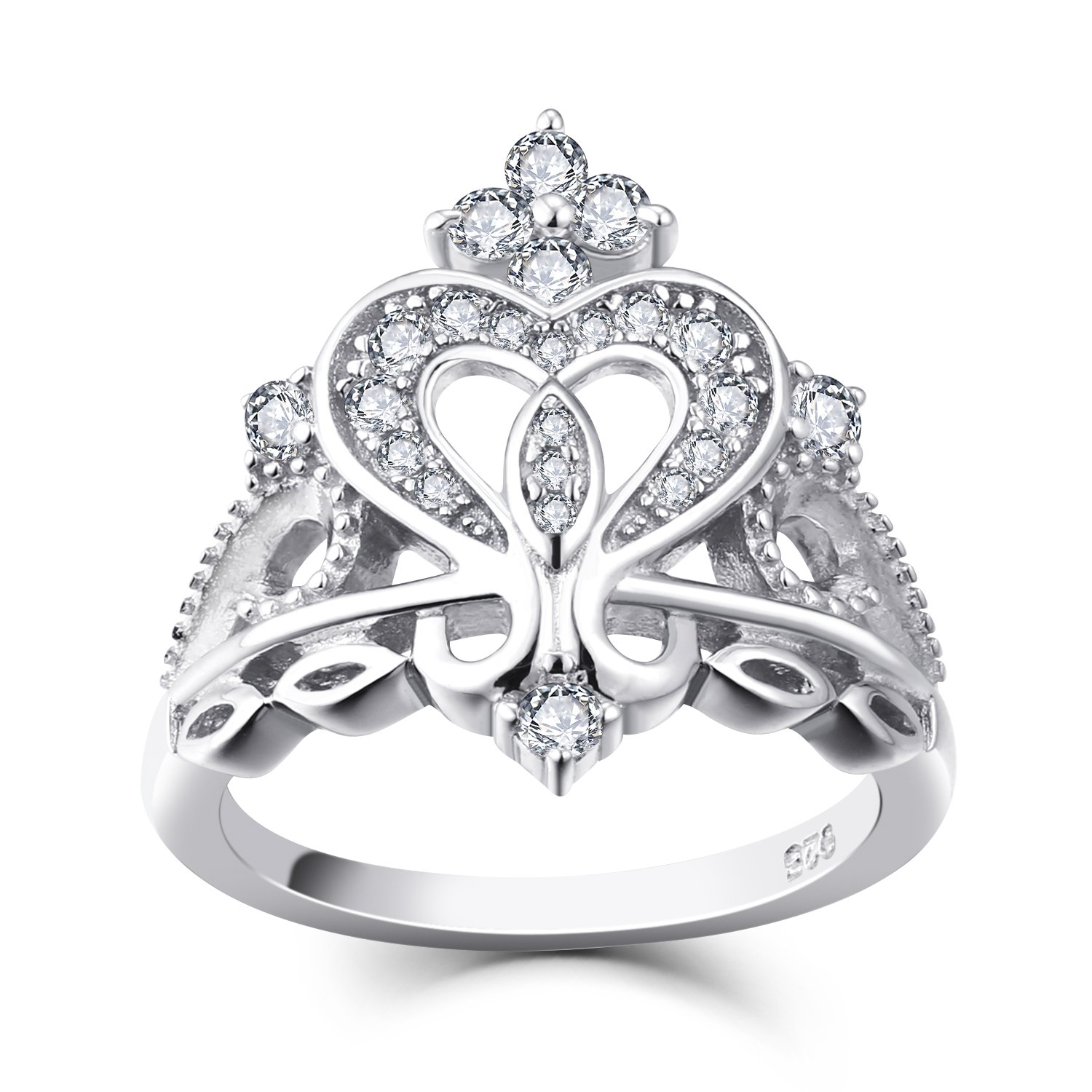 925 Sterling Silver Princess Crown Ring with White Gold Plated Heart Shape Ring Size 7- Top JO WISDOM Ring Gift
