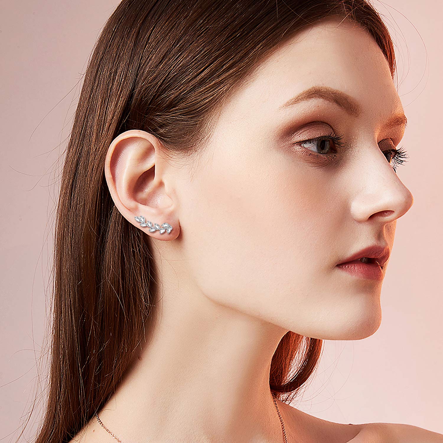 925 Sterling Silver Leaf Earring Ear Crawlers Earrings with Simulated Emerald Green Birthstone Crystals Climber Earrings Jewelry Gift for Her