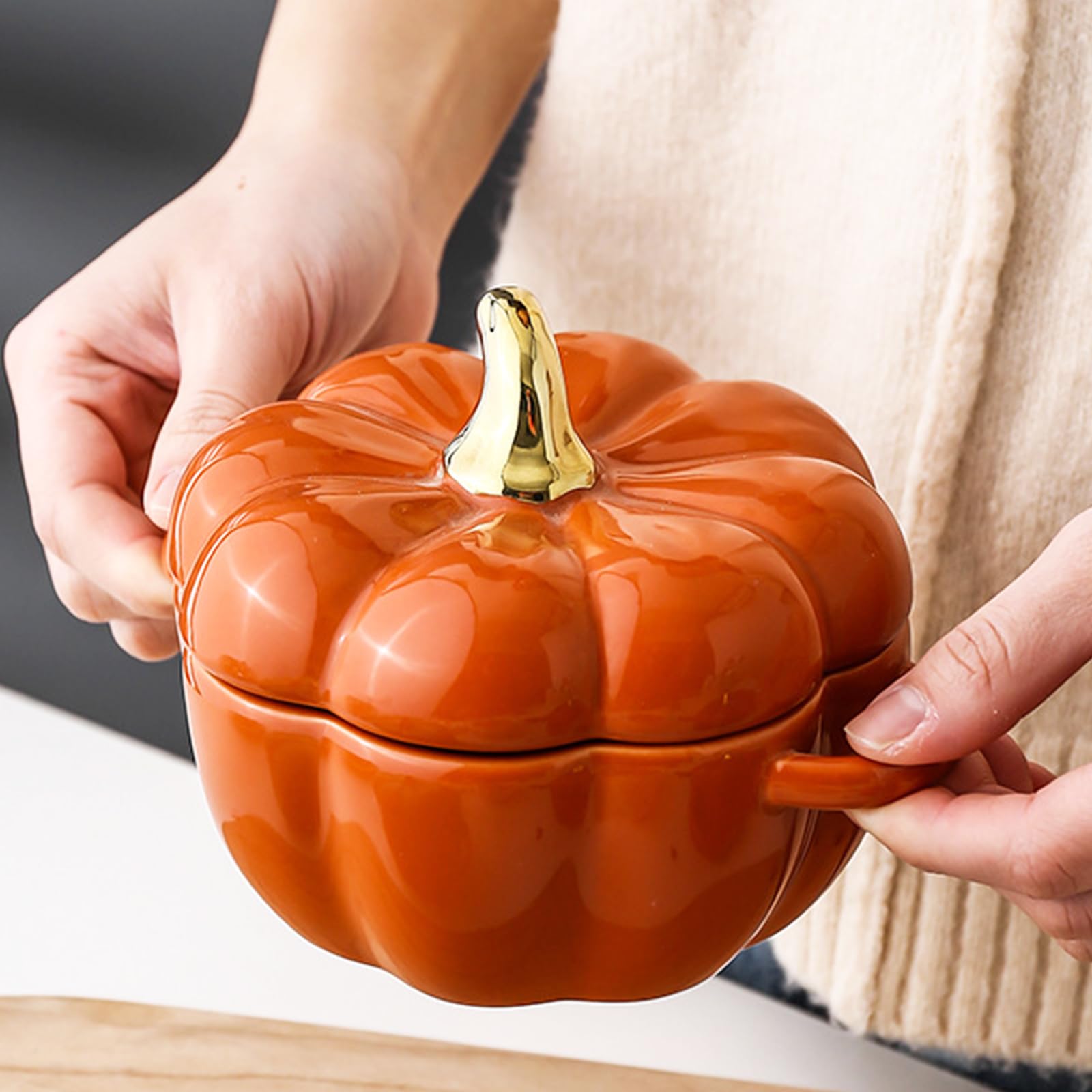 Dutch Oven Pot with Lid, Pumpkin Pottery Dessert Saucepan, Mini Baking Dish Cute Pumpkin Bowl, Covered Dutch Oven Ceramic Stockpot, Pumpkin-Shaped Casserole (Orange)