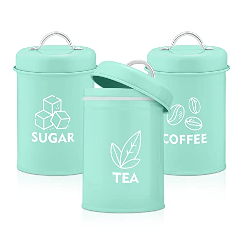 E-far Canister Sets for Kitchen Counter, 3-Piece Metal Tea Coffee Sugar Canister with Airtight Lid for Food Storage, Farmhouse Style & Small Size (6.1” x 4”)-Turquoise
