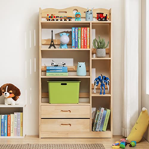 MoNiBloom 4 Tier Bookcase with Open Shelves and 2 Drawers, Large Modern Wood Heavy Duty Storage Display Stand Rack for Living Room, Natural