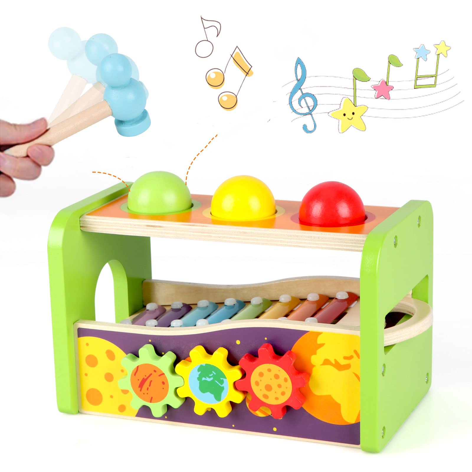 Canuan 4-in-1 Hammering Pounding Toys, Pound & Tap Bench with Slide Out Xylophone, Multifunctional Montessori Wooden Musical Pounding Toys for 1 2 3+ Years Boy Girl Baby Toddlers