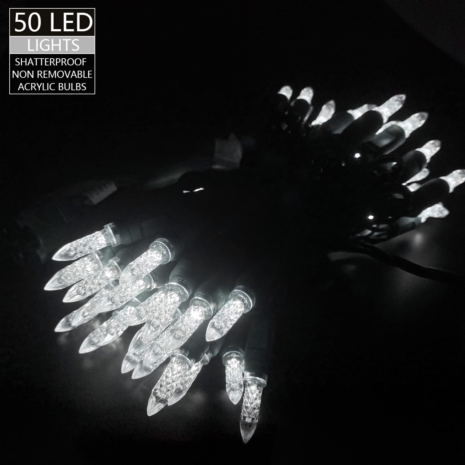 Dalla Costa 50 Count M5 Faceted Christmas Mini Light Set Indoor/Outdoor Use String Lights for Garden Christmas Tree Patio Lawn Party Home 120V UL Certified Green Wire 17 Feet (Cool White)