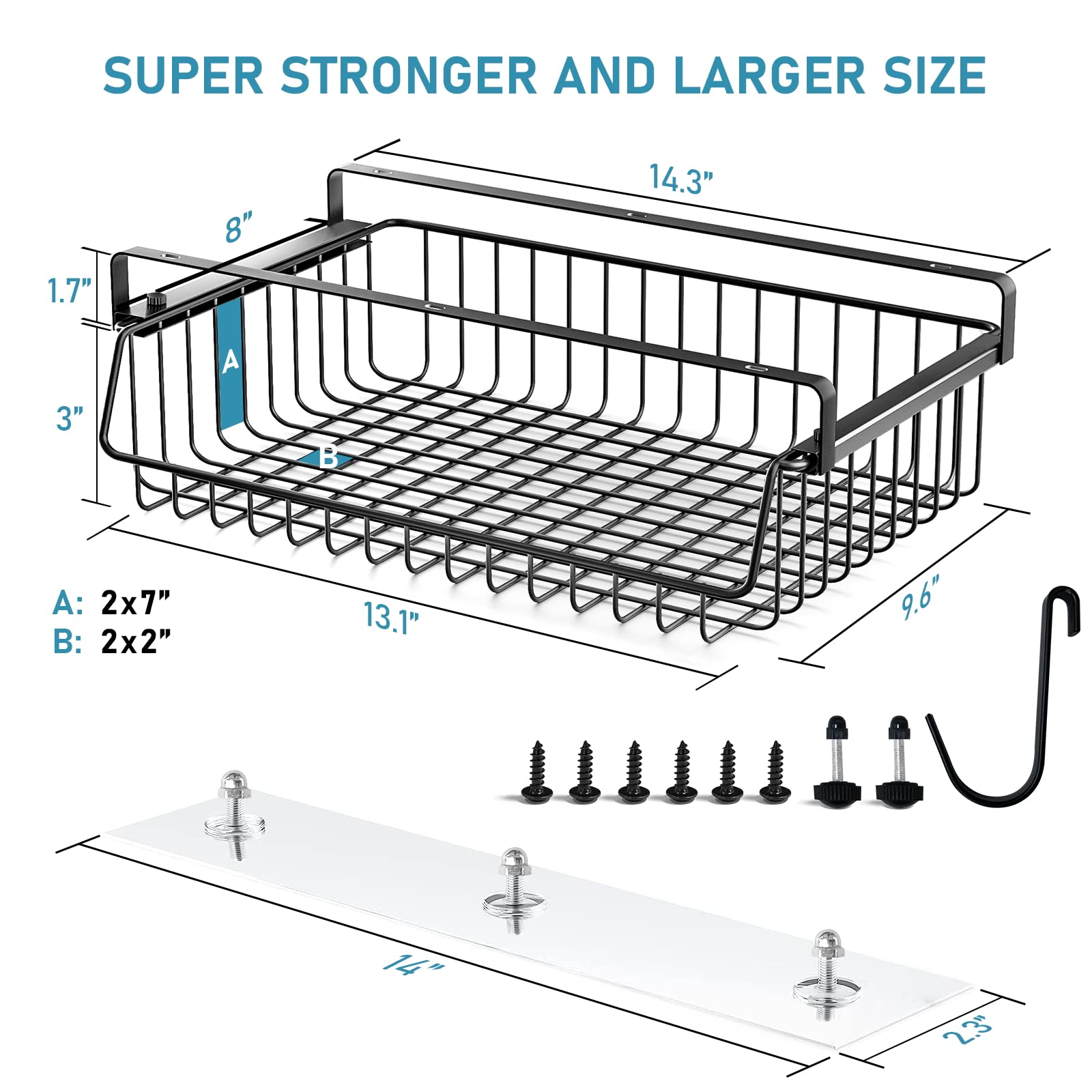 ADWOLT Under Desk Storage Shelf Drawer 1 Pack No Drill Metal Table Cable Basket Drawer Slide Out for Storing Extension Cords,Set Top Box,Under Desk Cable Management Organizer Rack for Home