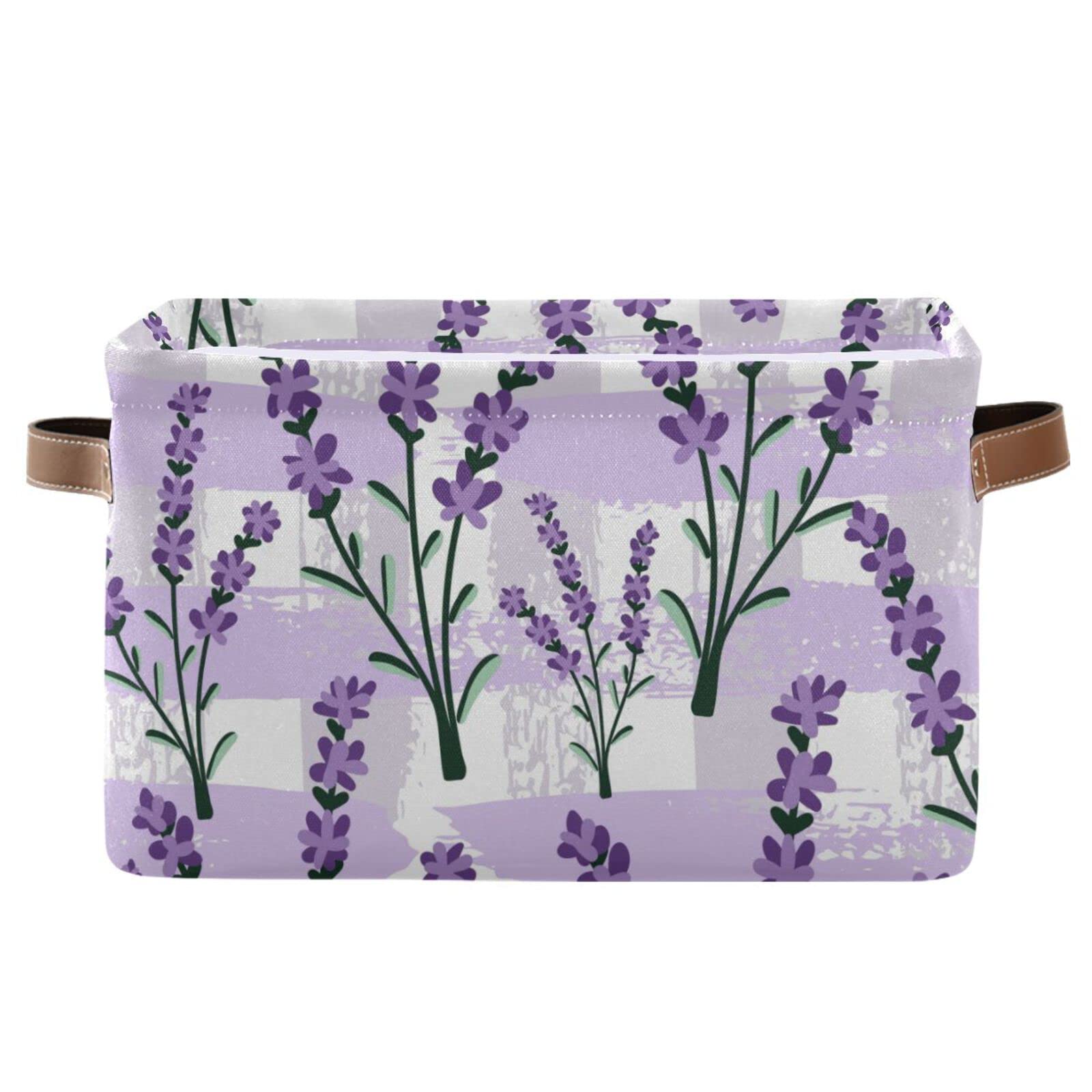 Purple Lavender Stripes Storage Baskets Large Foldable Storage Bin Canvas Toys Box Fabric Decorative Collapsible Organizer Bag with Handles 2 Pcs