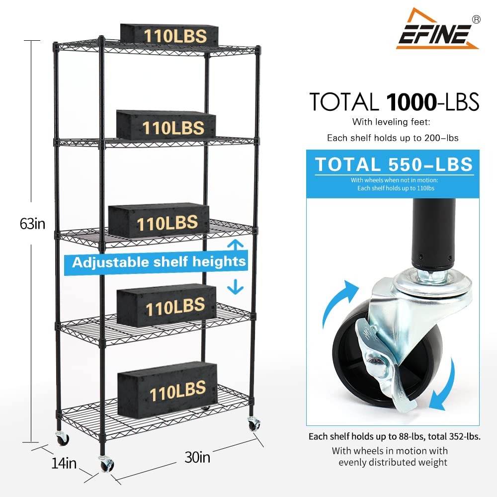 EFINE 5-Shelf Shelving Units and Storage on Wheels with Shelf Liners Set of 5, NSF Certified, Adjustable Carbon Steel Wire Rack for Garage, Kitchen, Office(63H X 30W X 14D)