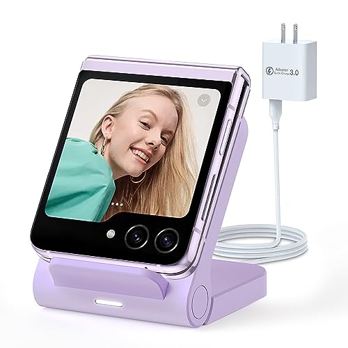 for Samsung Galaxy Z-Flip Wireless Charger: Galaxy Z Flip 5/4/3 Wireless Charging Stand,15W Fast Wireless Charger for Galaxy Z Flip5/Z Flip4/Z Flip3,Razr(At 5W)Easy Carry(QC3.0 Adapter Included)Purple