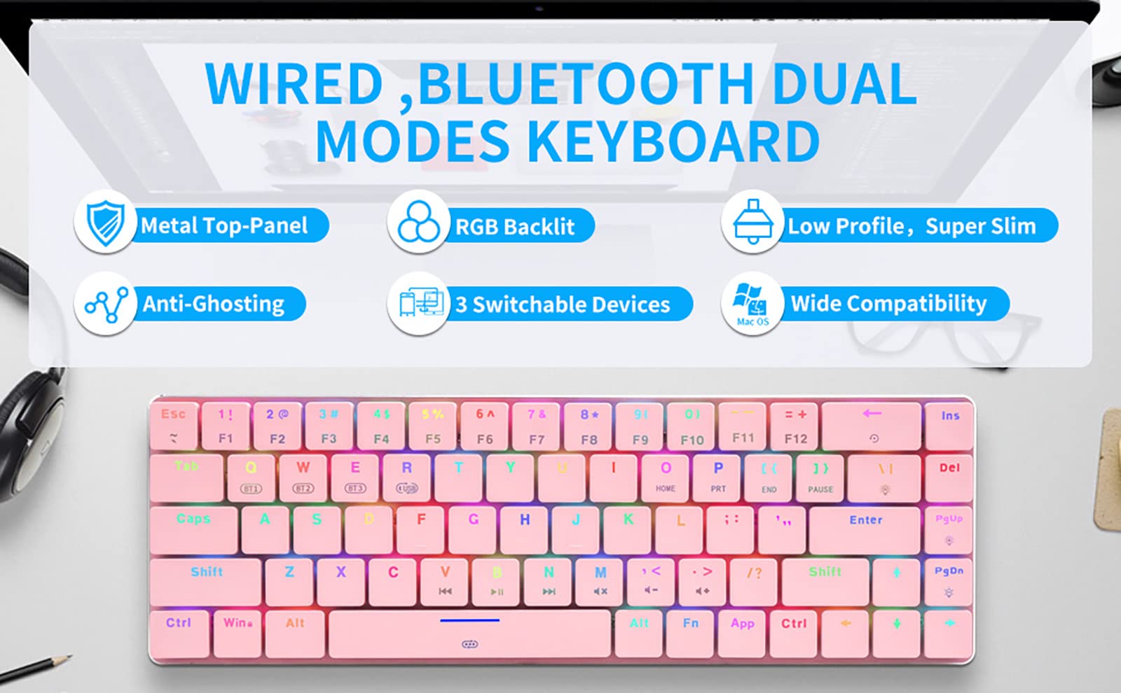 chuangquan CQ009 Mechanical Wireless/Wired Gaming Keyboard Bluetooth 5.0 RGB Backlit Blue Switch Compact 69 Keys Compatible with PC, Laptop and Smartphone (Pink)