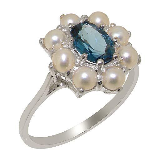 925 Sterling Silver Natural London Blue Topaz & Cultured Pearl Womens Statement Ring - Size 9