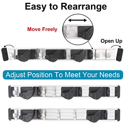 Mop Broom Holder Wall Mount, Metal Broom Organizer Storage Rooms Garage Garden Kitchen Tool Clean Tools Organizer Non-slip Wall Hanger(4 Adjustable Slots & 4 Hooks, Black)