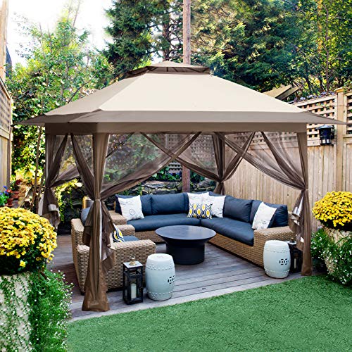 EAGLE PEAK 13x13 Pop-Up Gazebo Tent Instant w/Mosquito Netting,Outdoor Gazebo Canopy Easy Set-up Folding Shelter (Beige/Brown)
