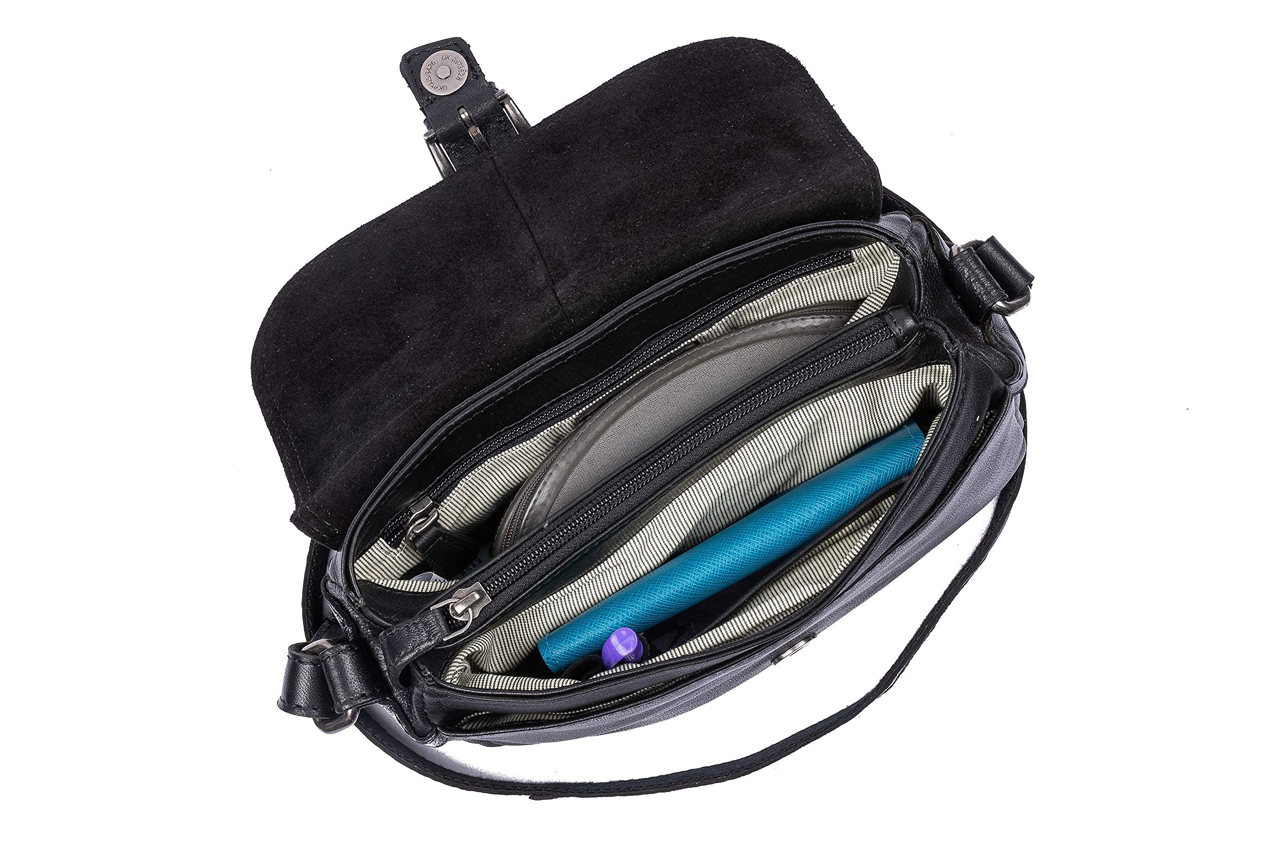 Zinda Genuine Leathers Saddlebag Flap Over Women's Handbag Crossbody Shoulder Sling Multiple Pockets (Black)