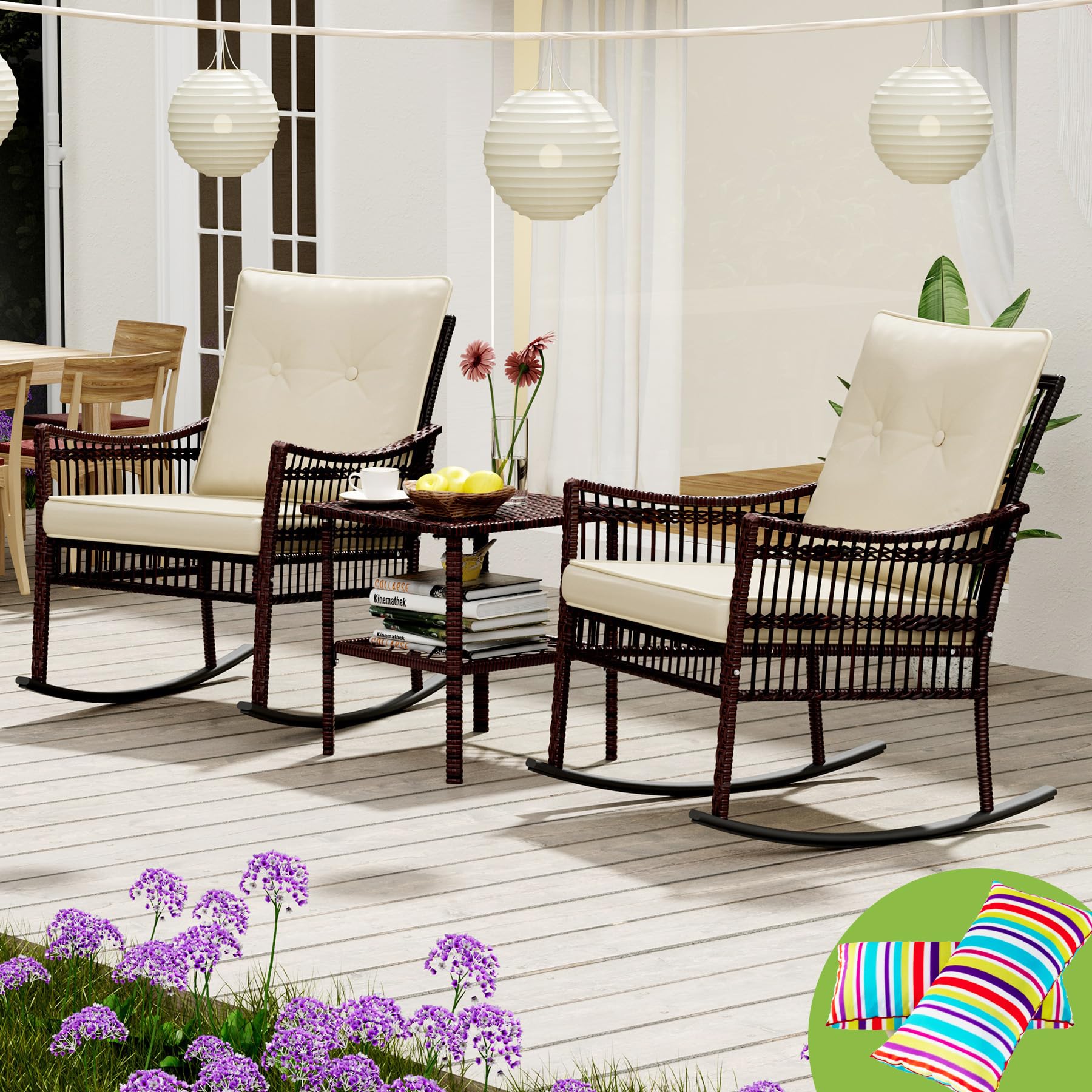BALDPER 3 PCS Patio Conversation Chair Set with Coffee Table, Rocking Bistro Set, Outdoor Rocking Chairs Set, Wicker Furniture for Porch Deck Garden Poolside, Beige