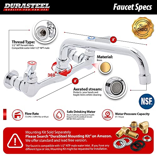 DuraSteel Small Commercial Slop Sink - 18" x 18" Inner Prep Sink - Single Bowl Stainless Steel Utility Sink with No Lead Faucet - CEC & NSF Certified - For Restaurant, Kitchen, Laundry, Garage