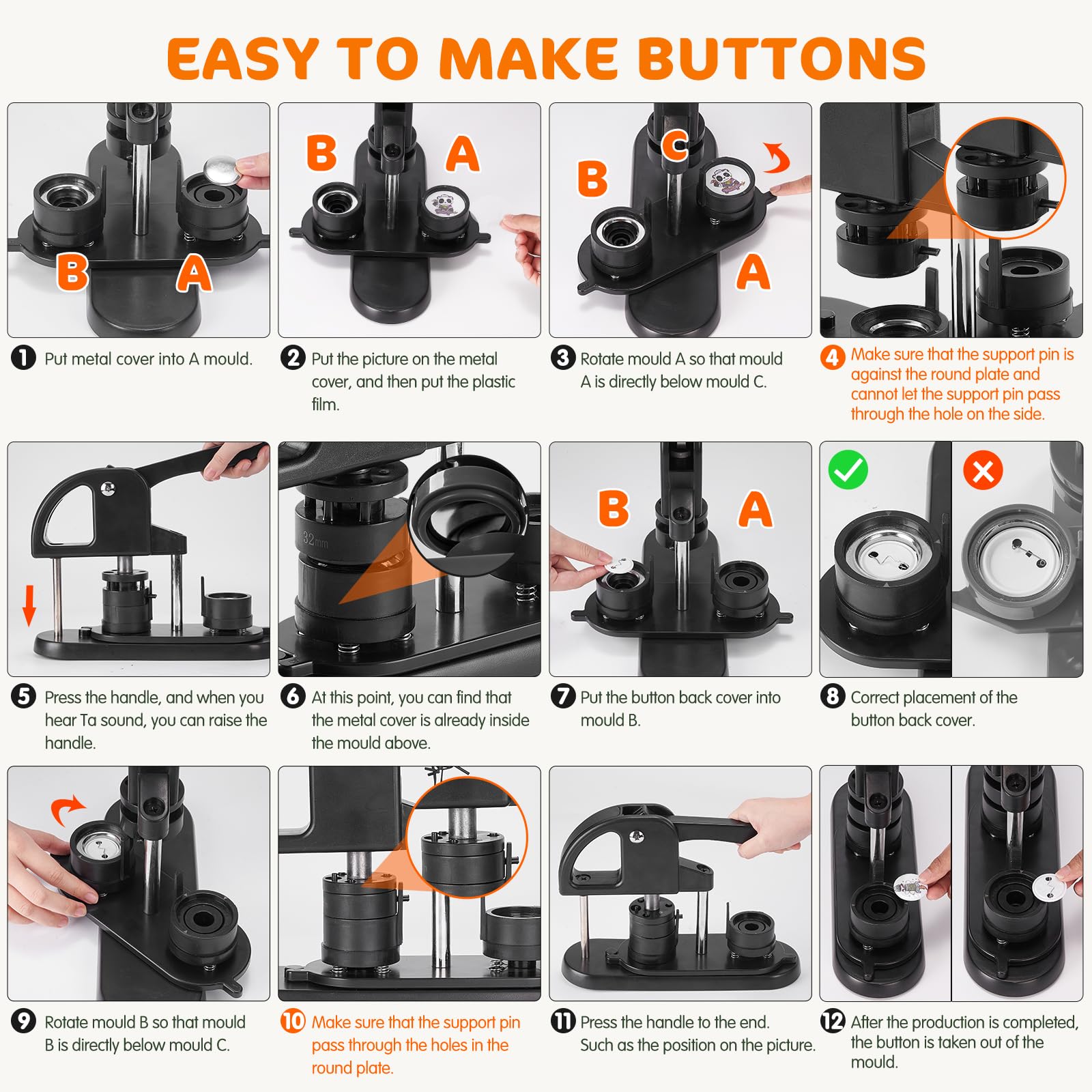 Aiment 1+1.25+2.25 inch Button Maker Machine - Free Button Badge Maker Press with 600Pcs Button Parts for Festival Gift (Black, 25/32/58mm)