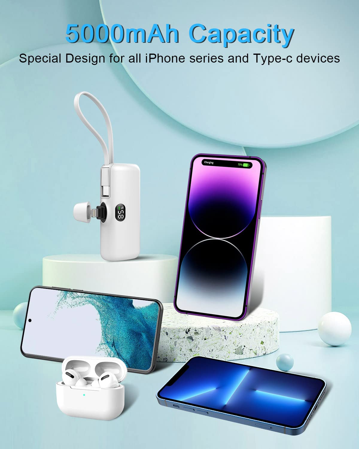 Aimenzunto Small Portable Charger, 5000mAh Lightning & USB C Dual Output Power Bank, LED Display Battery Pack Fast Charging for iPhone 14/13/12/11 Samsung S22/S21 Google Pixel Moto LG and More, White