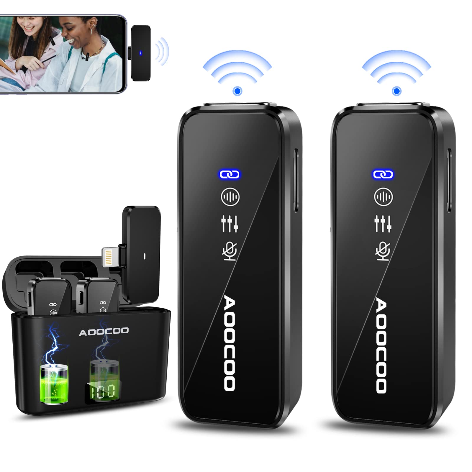 AOOCOO 2 Pack Wireless Lavalier Microphone for iPhone, Noise Reduction Plug & Play 2.4GHz Lapel Mic with Charging Case for Recording, YouTube, TikTok, Facebook Live Stream, Vlogging