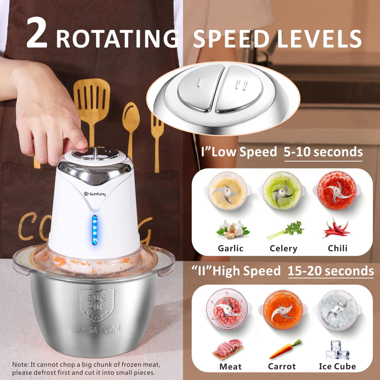 Food Processor Cordless Vegetable Chopper with 5 Cup Stainless Steel Bowl&6000mAh USB Rechargeable Battery, Electric Garlic Meat Choppers BPA-free Baby Food Processors Blender Mincer, 2 Speeds (White)