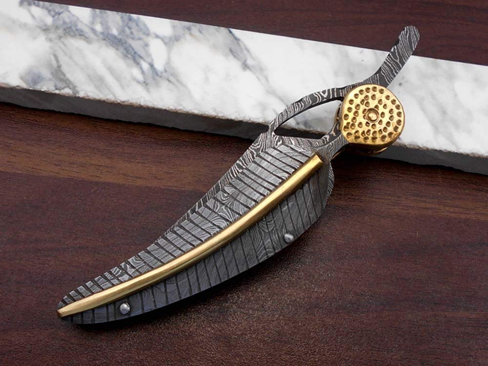 8" hand forged Damascus steel leaf folding pocket knife custom made, Engraved Damascus scale with bras art work cow leather sheath (Damascus) (Full Damascus)