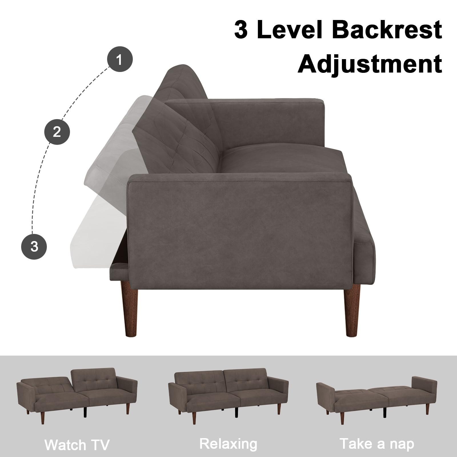 Artfurniz Folding Futon Sofa Bed: Reclining Sleeper Loveseat Convertible Modern Faux Leather Couch for Living Room Bedroom Apartment Solid Wood Leg, Dark Grey