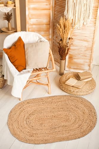 KEMA Jute Braided Rug Oval, Natural Handmade Oval Boho Area Rug for Entryways, Living Room, Bedroom, Farmhouse Vintage Decor, Reversible Jute Rug, 2 x 3 Feet