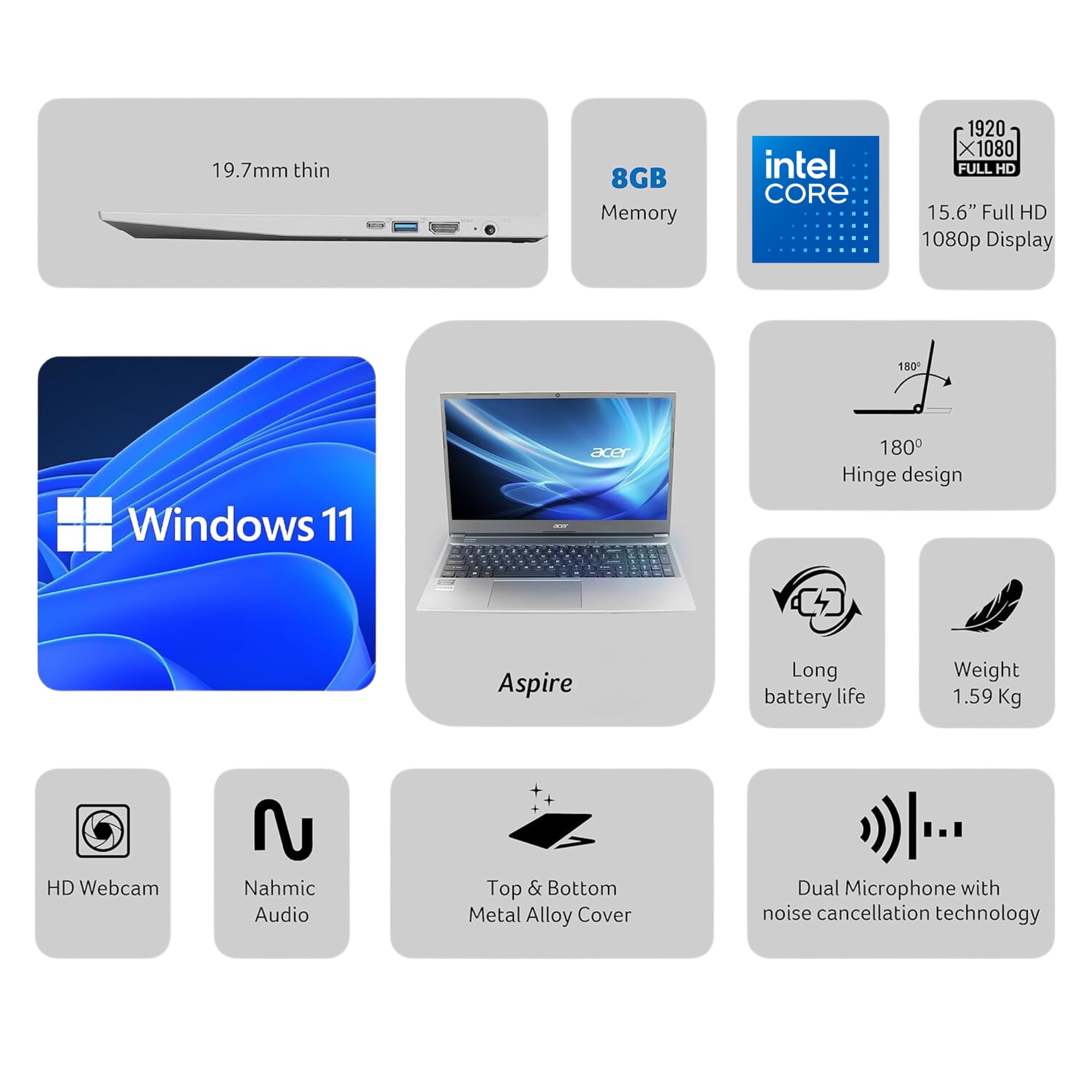acer Aspire Slim Laptop, 15.6" Full HD Display, Intel Celeron N4500 Processor, 8GB DDR4 Memory, 384GB Storage, WiFi 5, Microsoft 365 1-Year Subscription, Windows 11 Home in S Mode，Silver, JVQ MP