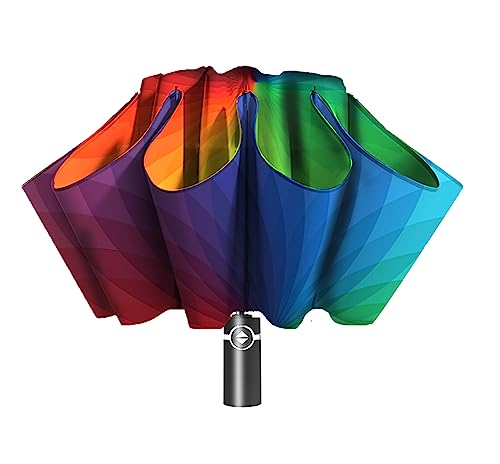 SIEPASA Umbrella Windproof, Travel Umbrella, Compact Folding Reverse Umbrella,-One button for Auto Open and Close (Rainbow colors)
