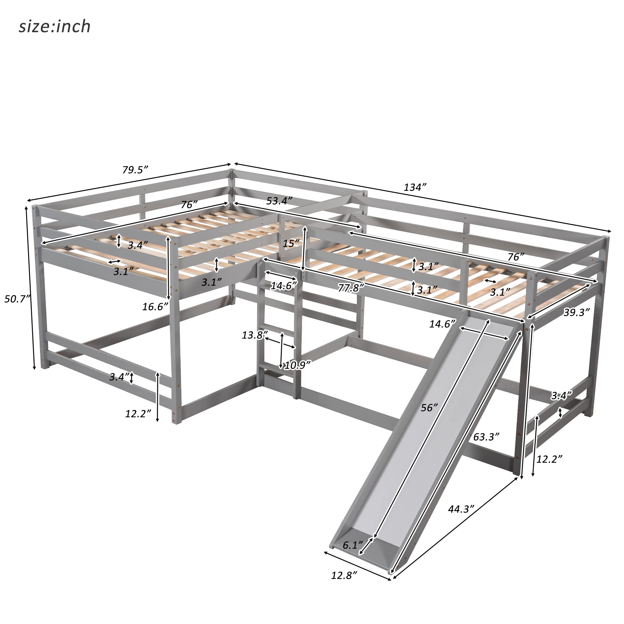 L Shaped Bunk Bed for 4, Wooden Quad Bunk Bed with Slide, Full Over Full Bunk Bed with Twin Over Twin Bunk Bed Attached for Kids Girls Boys - Gray