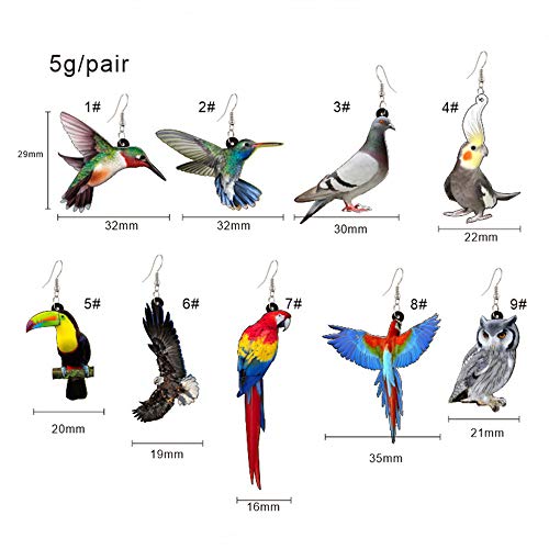 9Pairs Novelty Parrot Owl Dove Bird Acrylic Dangle Drop Earrings Creative Cool Eagle Earrings For Women Cute Animal Jewelry Gifts
