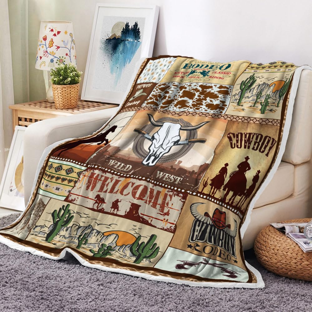 Western Cowboy Blankets, Retro Rustic Cowboy Hat Boot Throw Blanket, American Wild West Cowboy Riding Horses Soft Flannel Blanket for Baby Boys Kids Adults Home Decoration 50X60in Brown