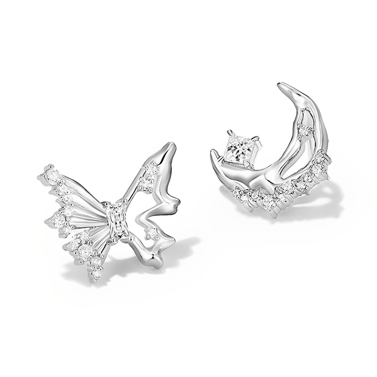925 Sterling Silver Post White Gold Moon Butterfly Earrings Stud Asymmetric for Women and Girls Jewelry Gift