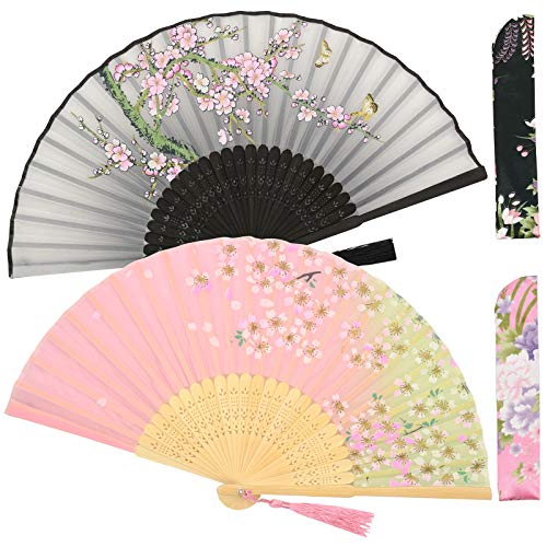 Zolee 2 PCS Small Folding Hand Fans for Women - Chinese Japanese Vintage Bamboo Silk Fans - for Dance, Performance, Decoration, Wedding, Party，Gift (Pink Sakura & Gray Peach)