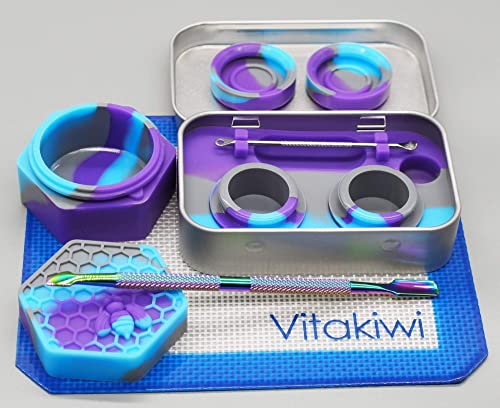 Vitakiwi Silicone Wax Carving Travel Kit with 5ml 26ml Honeybee Concentrate Containers + 5.2" Rainbow Tool + 5.9"×4.9" Mat + Tin Carrying Box (Purple Blue Grey)