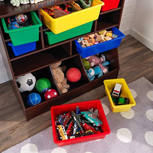 KidKraft Wooden Wall Storage Unit with 8 Plastic Bins and 13 Compartments, Espresso, Gift for Ages 3+