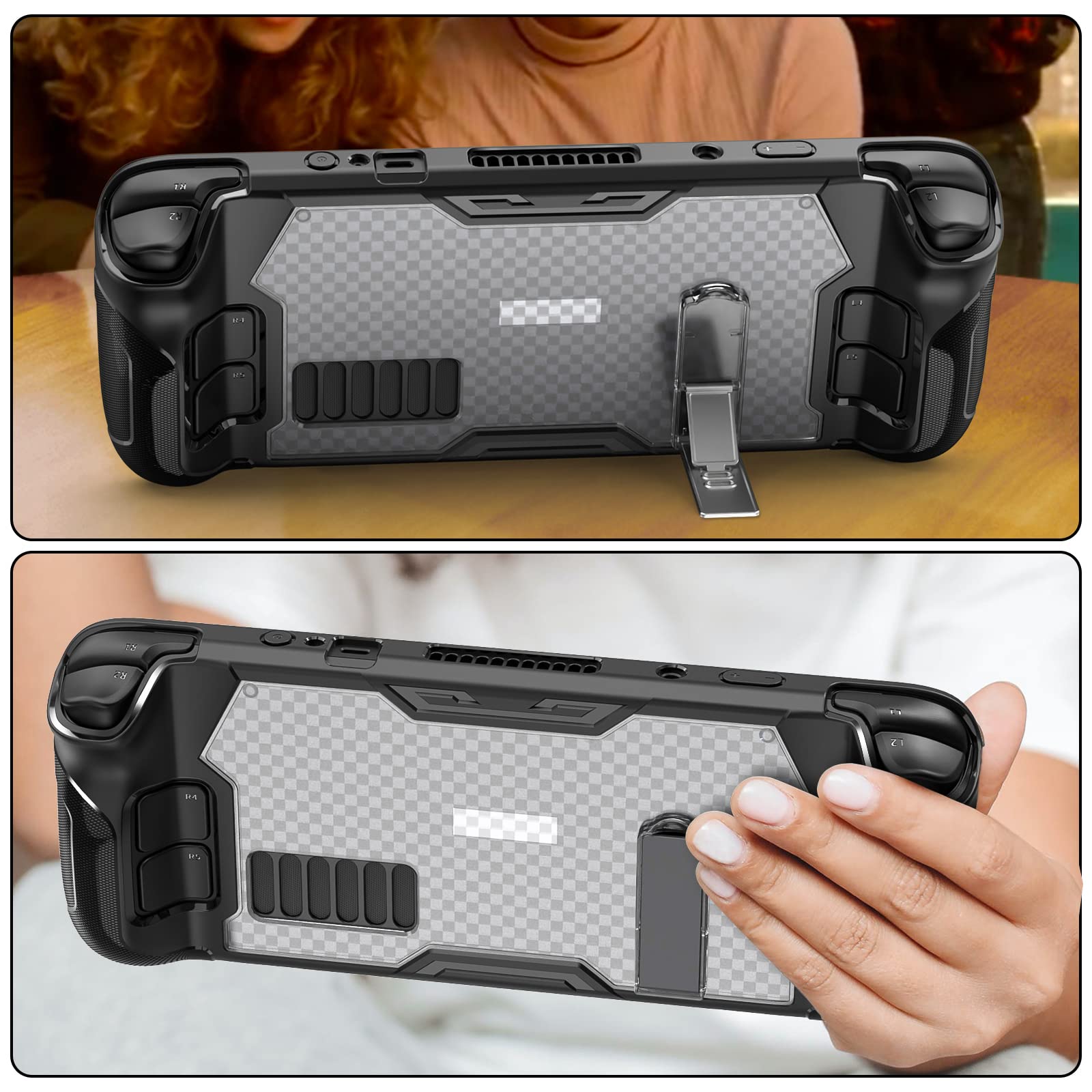 Adjustable Kickstand Case for Steam Deck/OLED with Screen Protector, [Military Grade Protective], Clear Cover Accessories Kit with 8 Thumb Grips, Black
