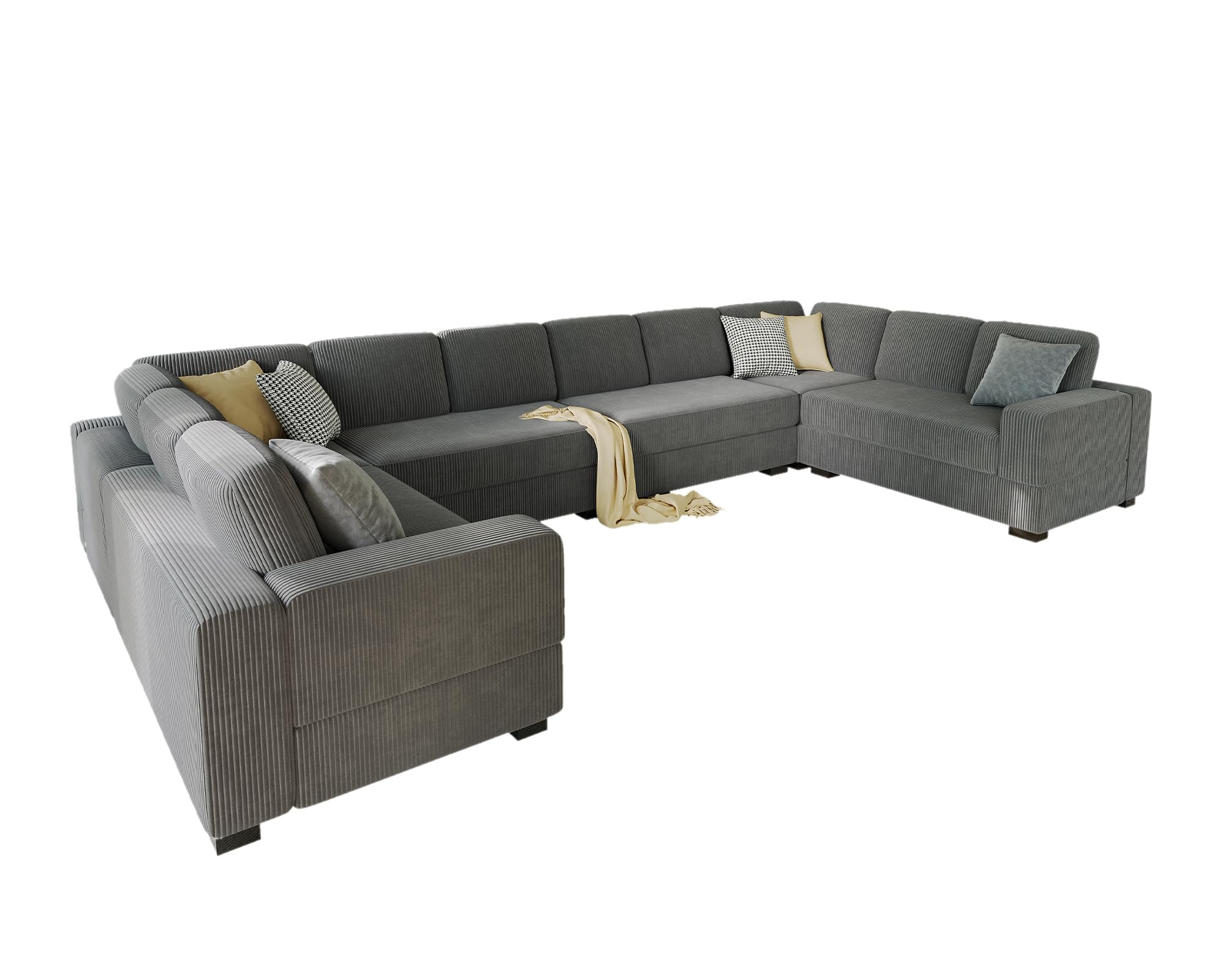 AMERLIFE 121 Inch U Shaped Sofa, Oversized Sectional Couch with Left Facing Chaise, Comfy Sofa with Corner Seat, Grey Corduroy Couch for Living Room