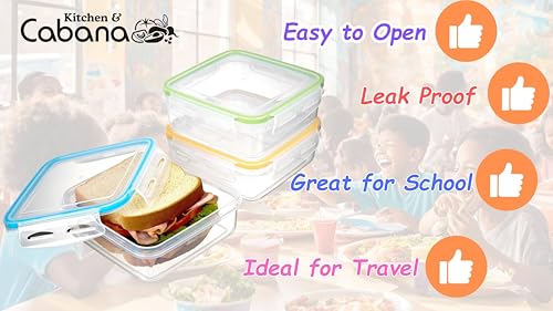 Kitchen & Cabana - Set of 3 - Fun Size Sandwich Containers - Reusable, BPA Free Plastic, Snap Shut Lids with Airtight Silicone Seal. Great for Sandwiches, Snacks and Storage (K&C-3PK)