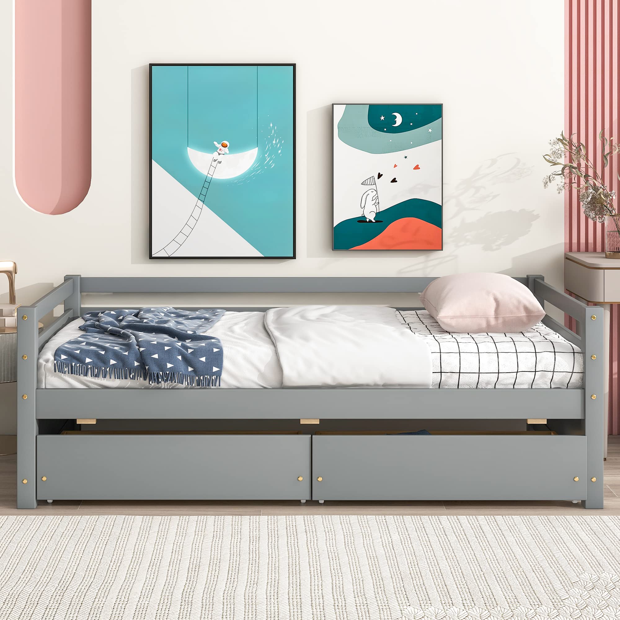 Harper & Bright Designs Twin Daybed with 2 Storage Drawers, Wooden Twin Size Daybed Frame, Dual-Use Daybed Sofa Kids Bed for Living Room,Guest Room,Children Room, No Box Spring Needed, Gray