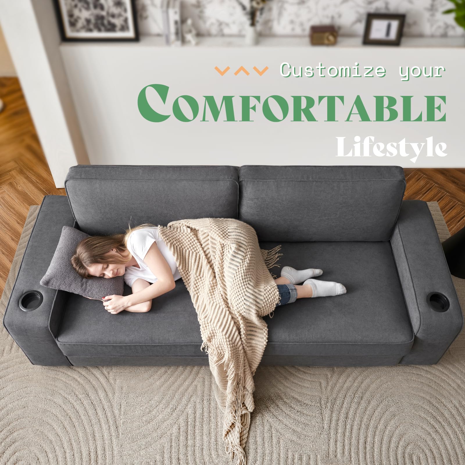 AMERLIFE 89 inch Couch, 3-Seater Sofa Couch- Deep Seat Sofa with 2 USB Charging Ports & 2 Cup Holders, Modern Sofas for Living Room, Charcoal Grey Chenille