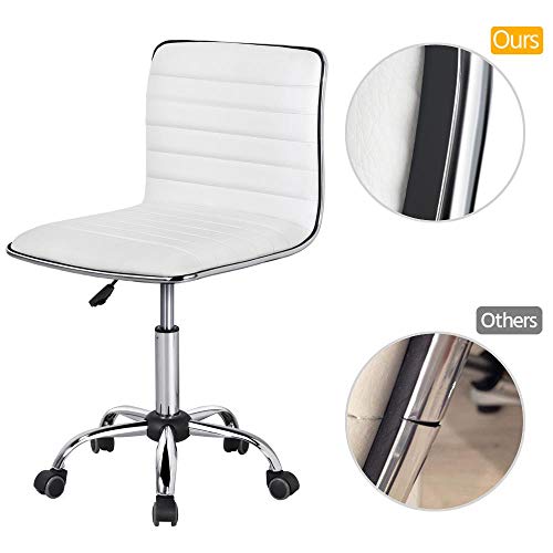 Yaheetech Adjustable Task Chair PU Leather Low Back Ribbed Armless Swivel Desk Chair Office Chair Wheels White, Set of 2