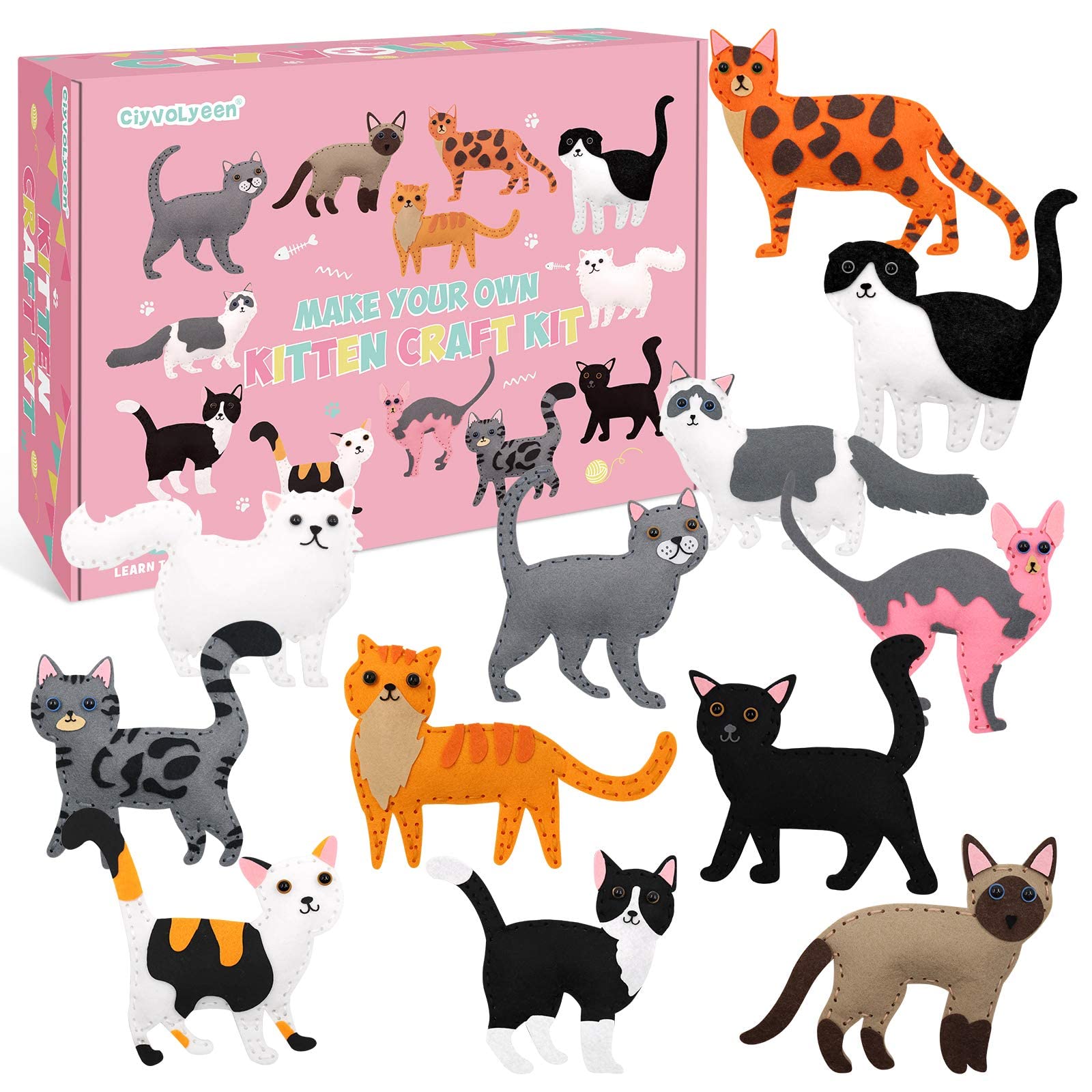 CiyvoLyeen Kitten Craft Kit Kids DIY Crafting and Sewing Set Kitty Cat Stuffed Animal Felt Plushies for Girls and Boys Educational Beginners Sewing Gift Ideas