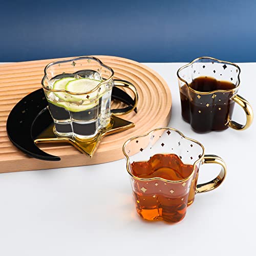 8.1 oz/240 ml Glass Coffee Cup And Ceramic Star Moon Saucer With Spoon Set Golden Handle Glass Cup Afternoon Tea Juice And Water Drinks cup (black)