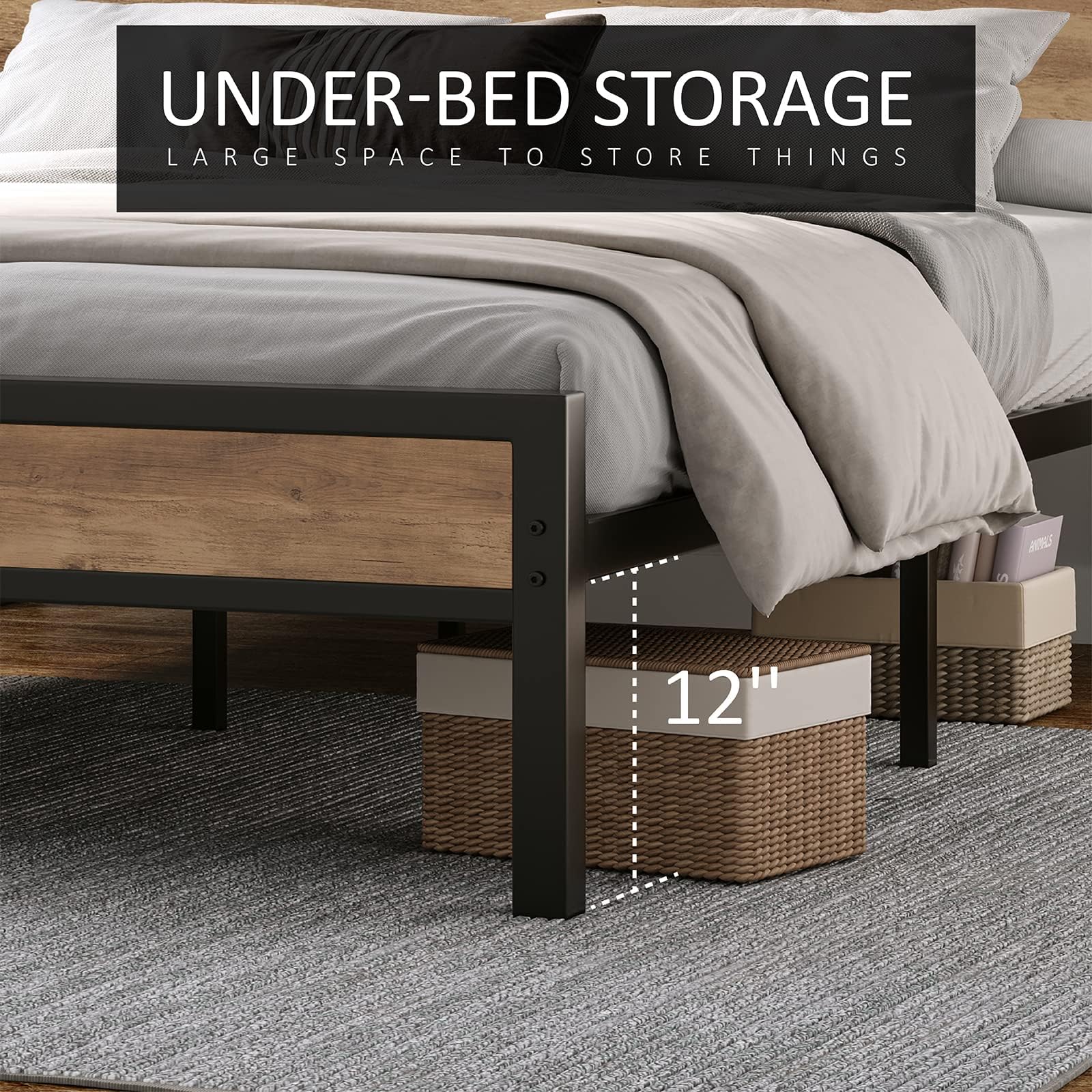AMERLIFE Full Size Bed Frame Industrial Platform Bed with Charging Station, 2-Tier Storage Headboard/No Box Spring Needed/Noise-Free/Rustic Brown