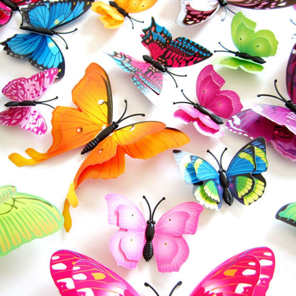 Butterfly Magnet Sticker, 12pcs / Set PVC Double-Layer Mixed Color Simulation Butterfly Magnet Stereo Refrigerator Sticker (Multicolor)