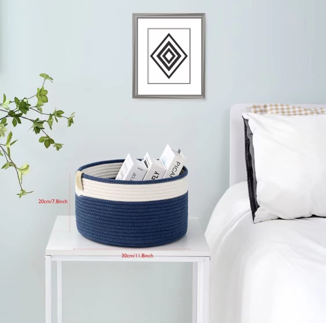 ART pinecone 2pc Extra Large(21.7*13.8) & Small(11.8*7.8) Cotton Rope Basket, Round Woven Storage Basket, Cute Toy Basket, Baby Nursery Hamper, Shelf Decorative Bin, Blue & White