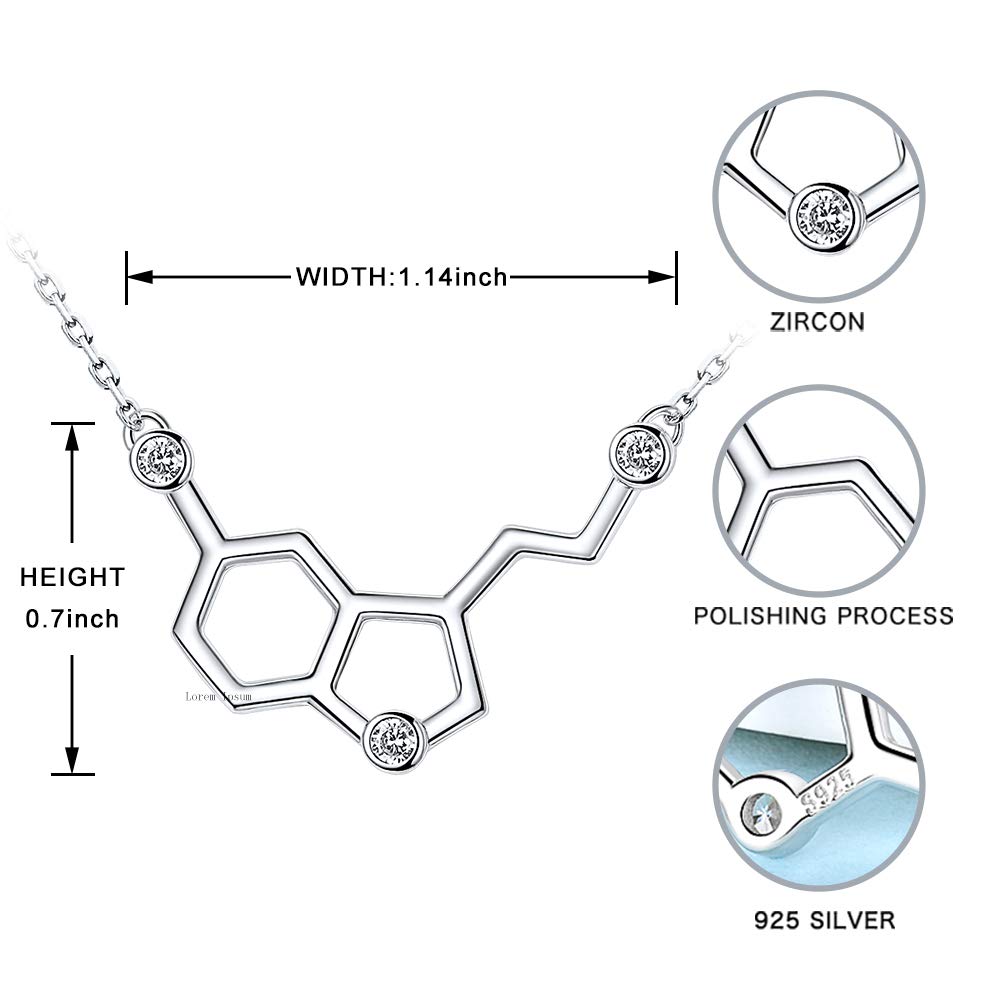 925-Sterling-Silver Hormone Serotonin-Molecule neckalce - Caffeine Molecule dopamine Pendent Necklace for Women,Teacher, Professor, Chemistry Graduates, Science Jewelry Lovers (White-Gold)