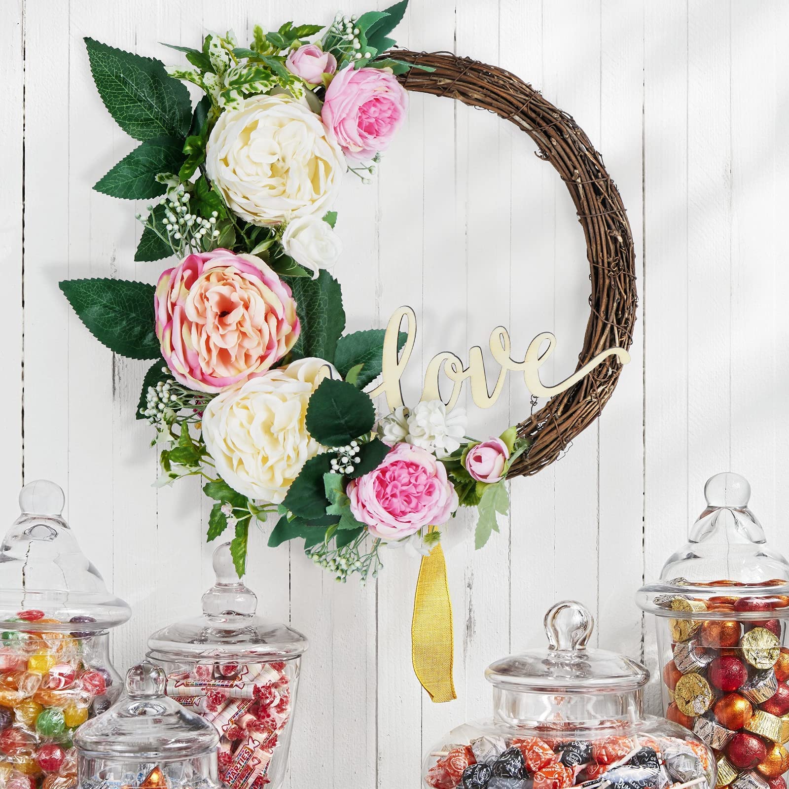 Martine Mall 14In Artificial Peony Flower Wreath Half Circle Wreath Front Door Wreath for Spring Summer Floral Wreath with Eucalyptus Leaves Home Garden Party Wedding Mother Valentines Day Decor