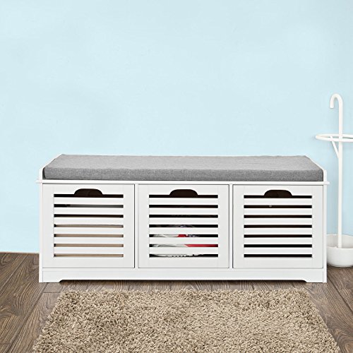 Haotian FSR23-W, White Storage Bench with 3 Drawers & Padded Seat Cushion, Hallway Bench, Shoe Cabinet, Shoe Bench